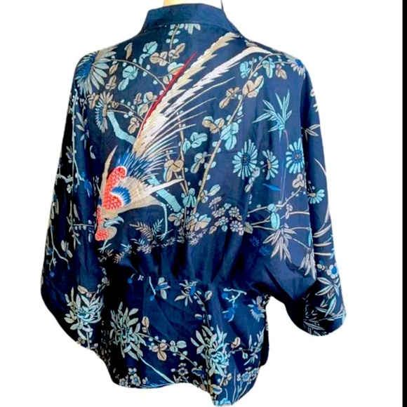 Jackets & Coats | Zara Kimono Duster Navy Blue With Japanese Print ...
